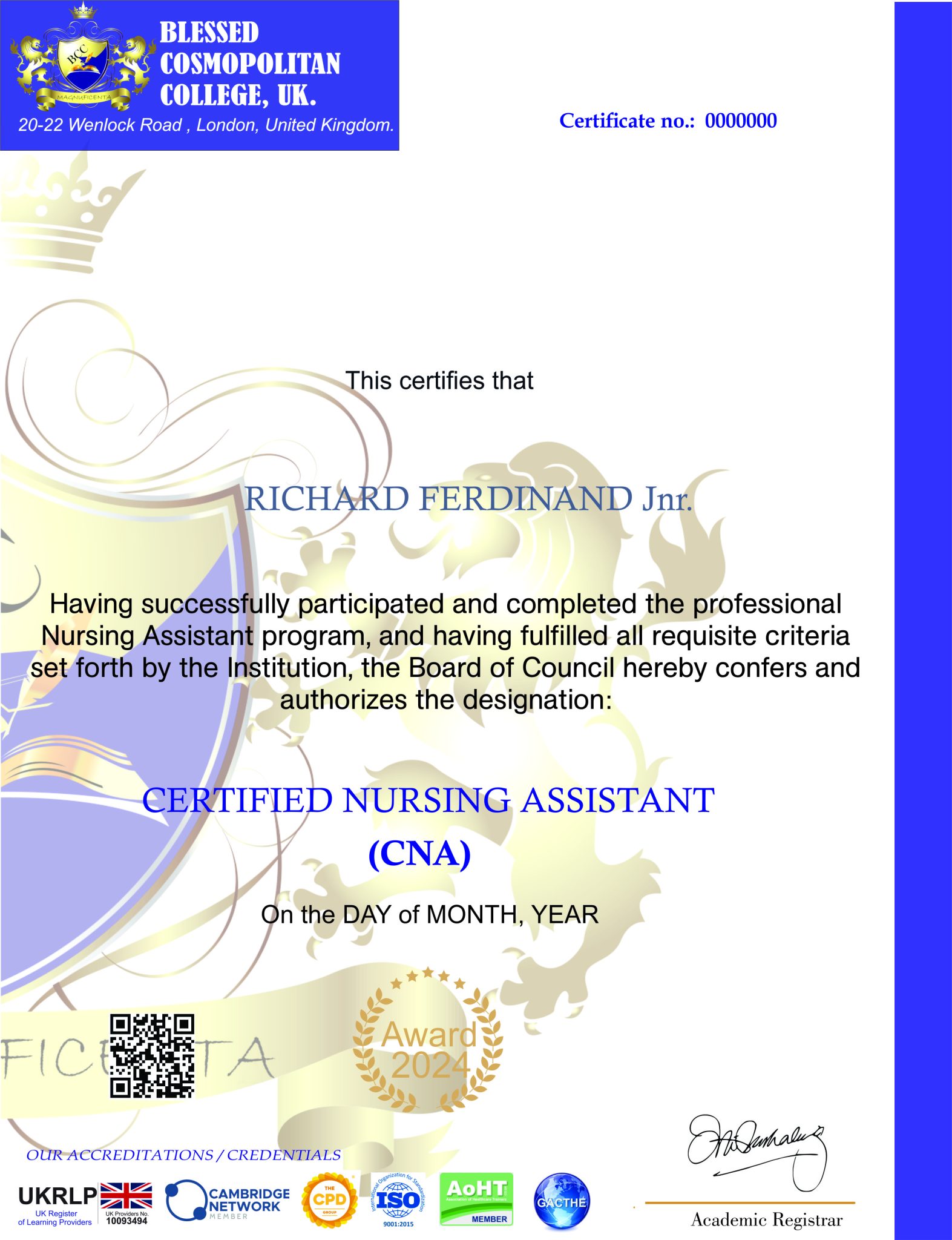 Certified Nursing Assistant Course